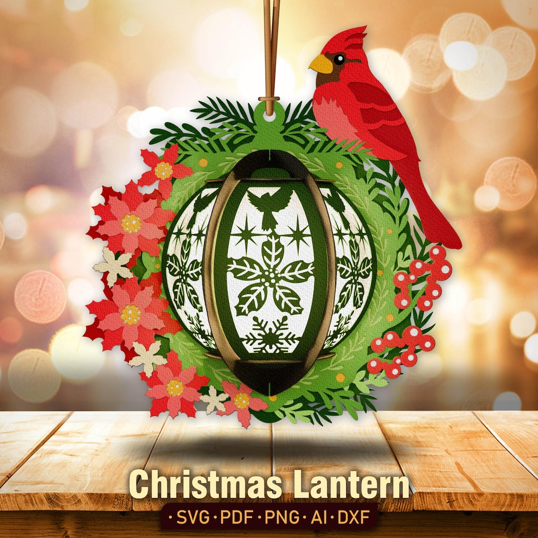 Christmas Wreath Cardinal Lantern Svg, Cardinal Shadow Box,lantern ...