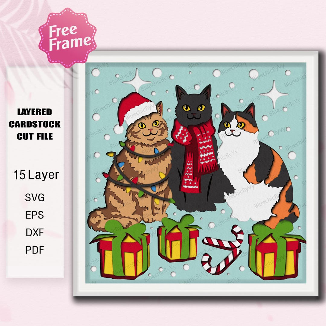 Christmas Cats Trio Layered Shadow Box, Cute Holiday Cat Lightbox ...