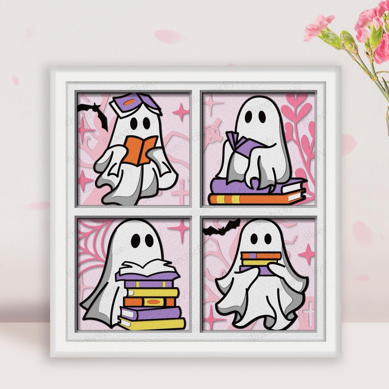 Shost Cute Reading Book Shadow Box Svg, Shost 3D Box, Ghosts Reading ...