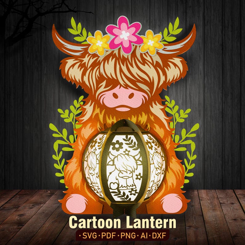 Highland Cow Flower Lantern Svg, Highland Cow Shadow Box, Lantern Paper ...