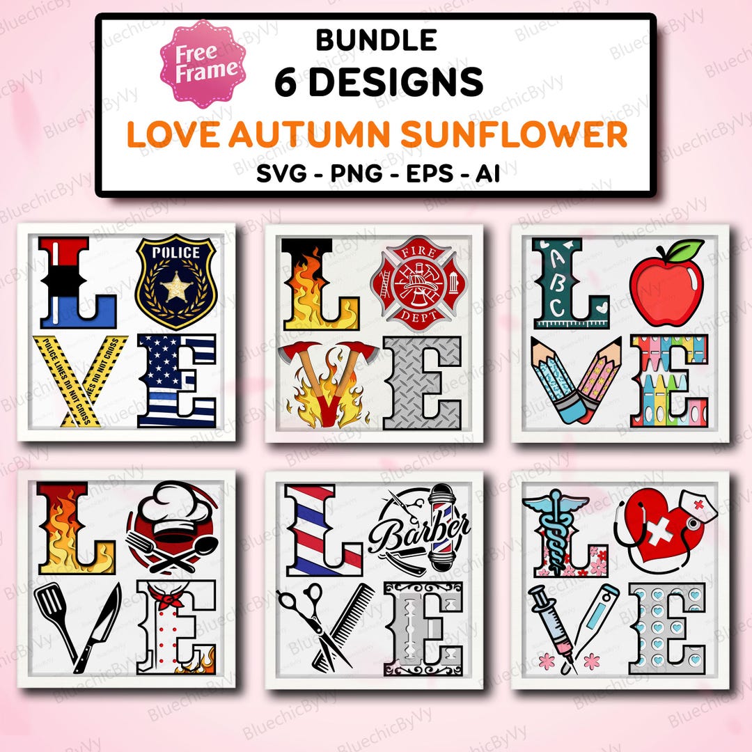 LOVE Job Bundle SVG Shadow Box, 6 Layered Cut Files for Police ...