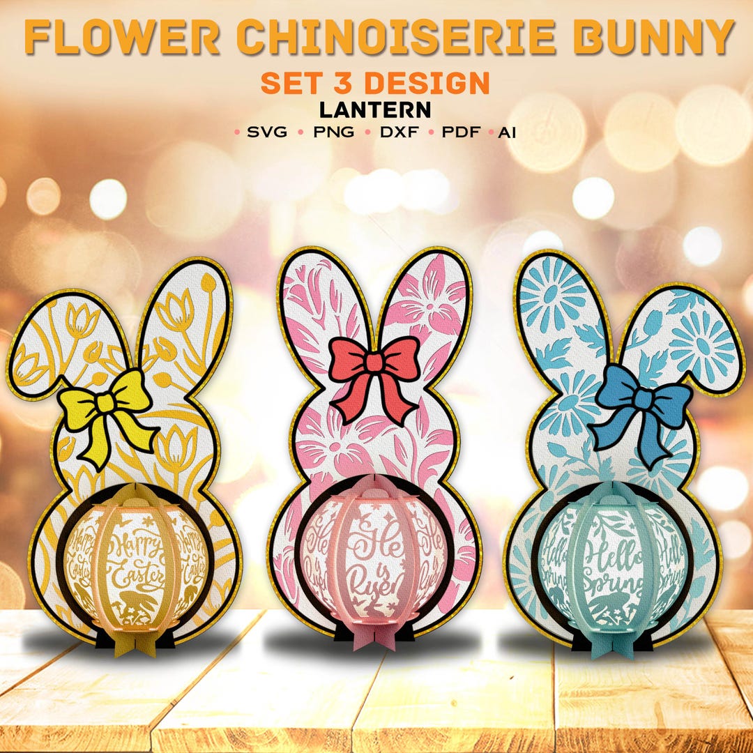 Easter Bunny Lantern Paper Cut File | Floral Chinoiserie Bunny Easter ...