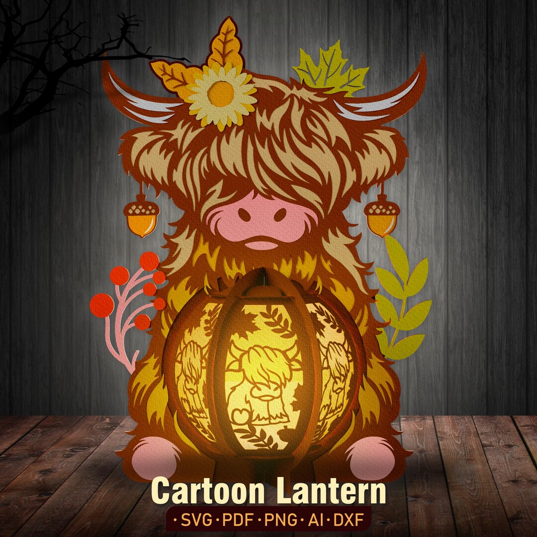 Highland Cow Thanksgiving Lantern Svg, Highland Cow Shadow Box, Lantern ...