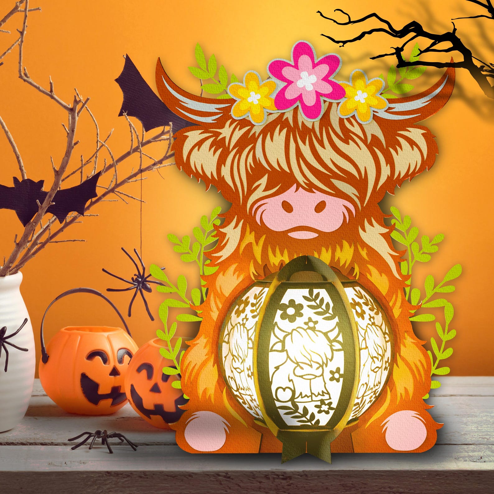 Highland Cow Flower Lantern Svg, Highland Cow Shadow Box, Lantern Paper ...