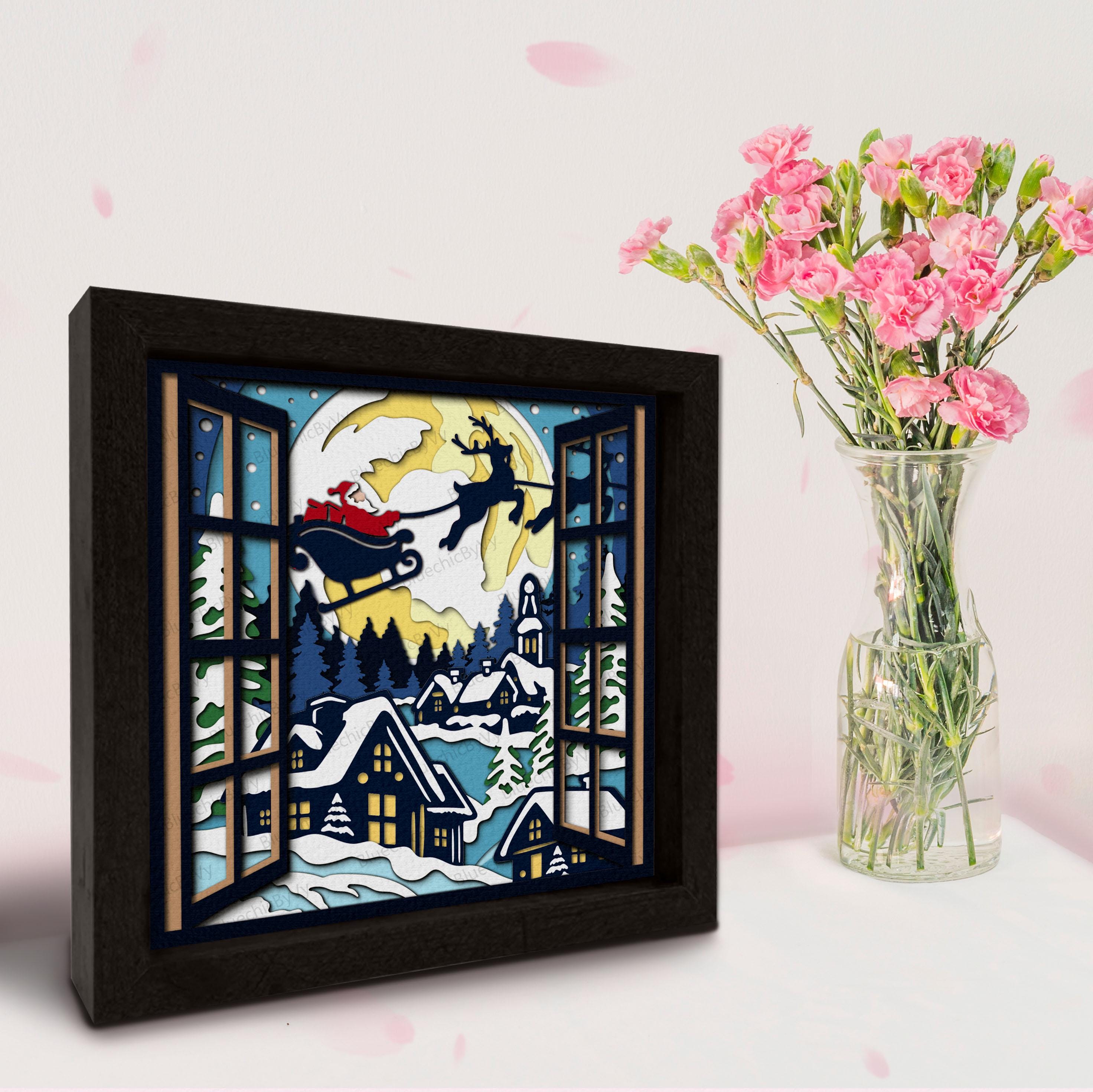 Santa Sleigh Winter Village Shadow Box, Christmas Layered Papercut ...