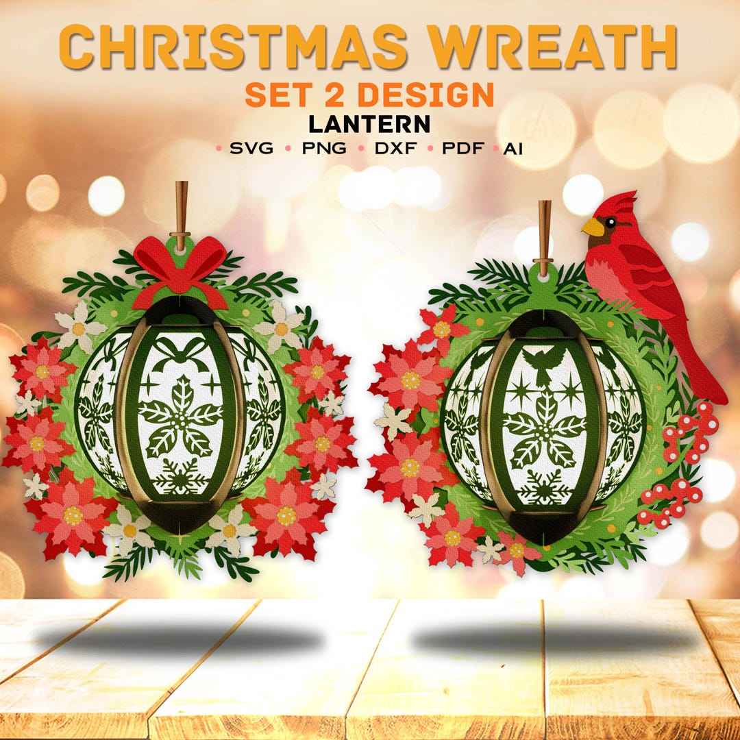 Bundle Christmas Wreath Cardinal Lantern Svg, Cardinal Shadow Box ...