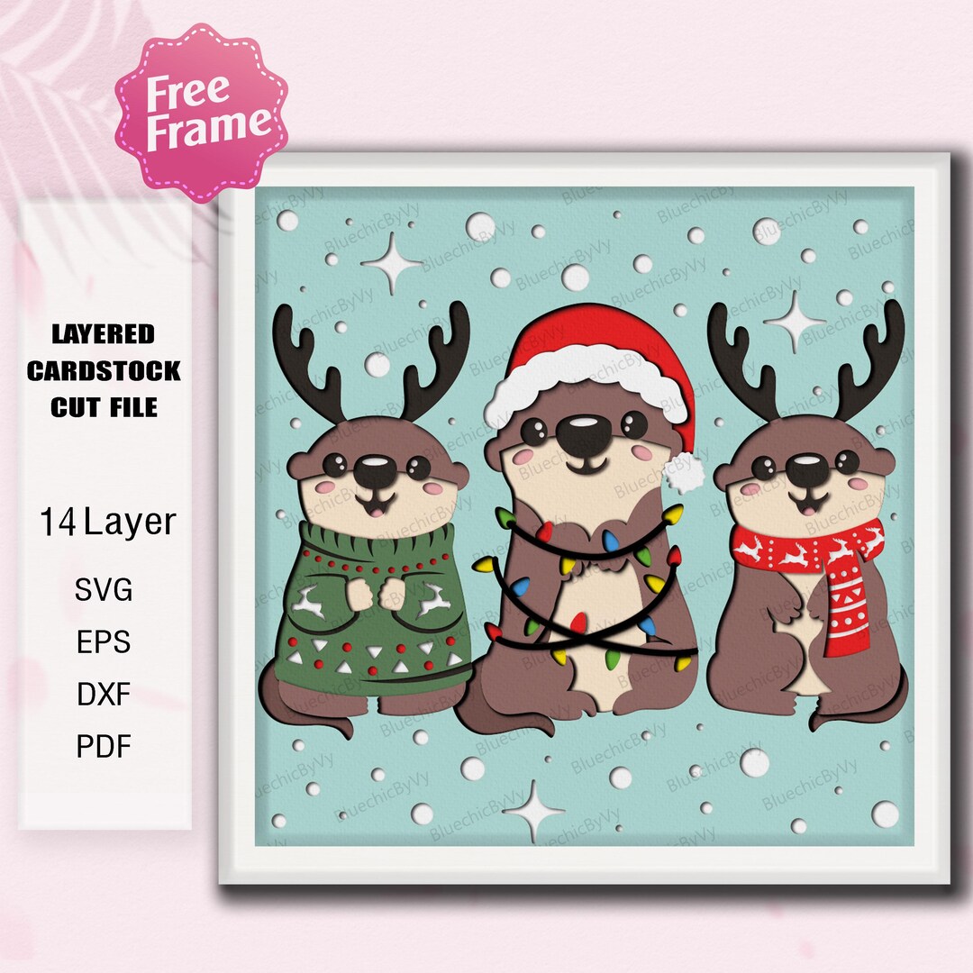 Christmas Otter Trio Layered Shadow Box, Cute Holiday Animal Lightbox ...
