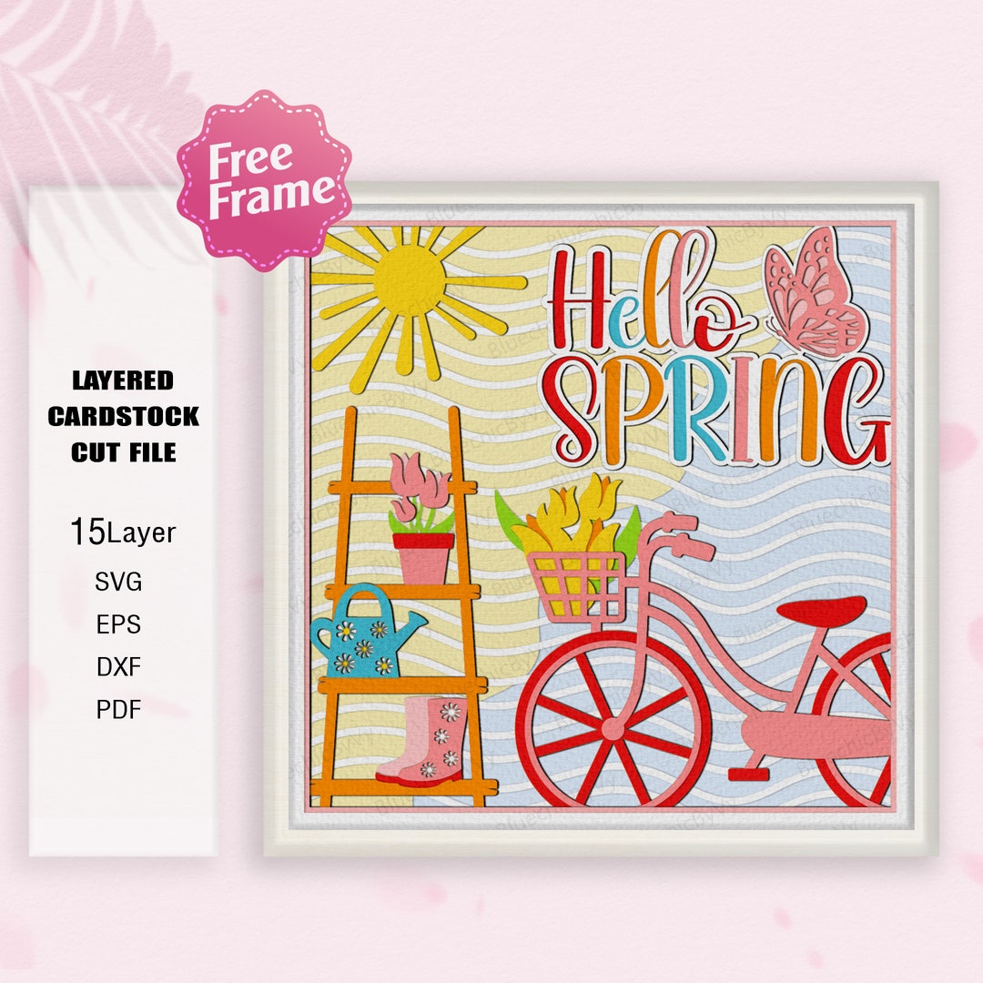 Hello Spring Shadow Box SVG, Spring Garden Shadow Box, Spring Bicycle ...
