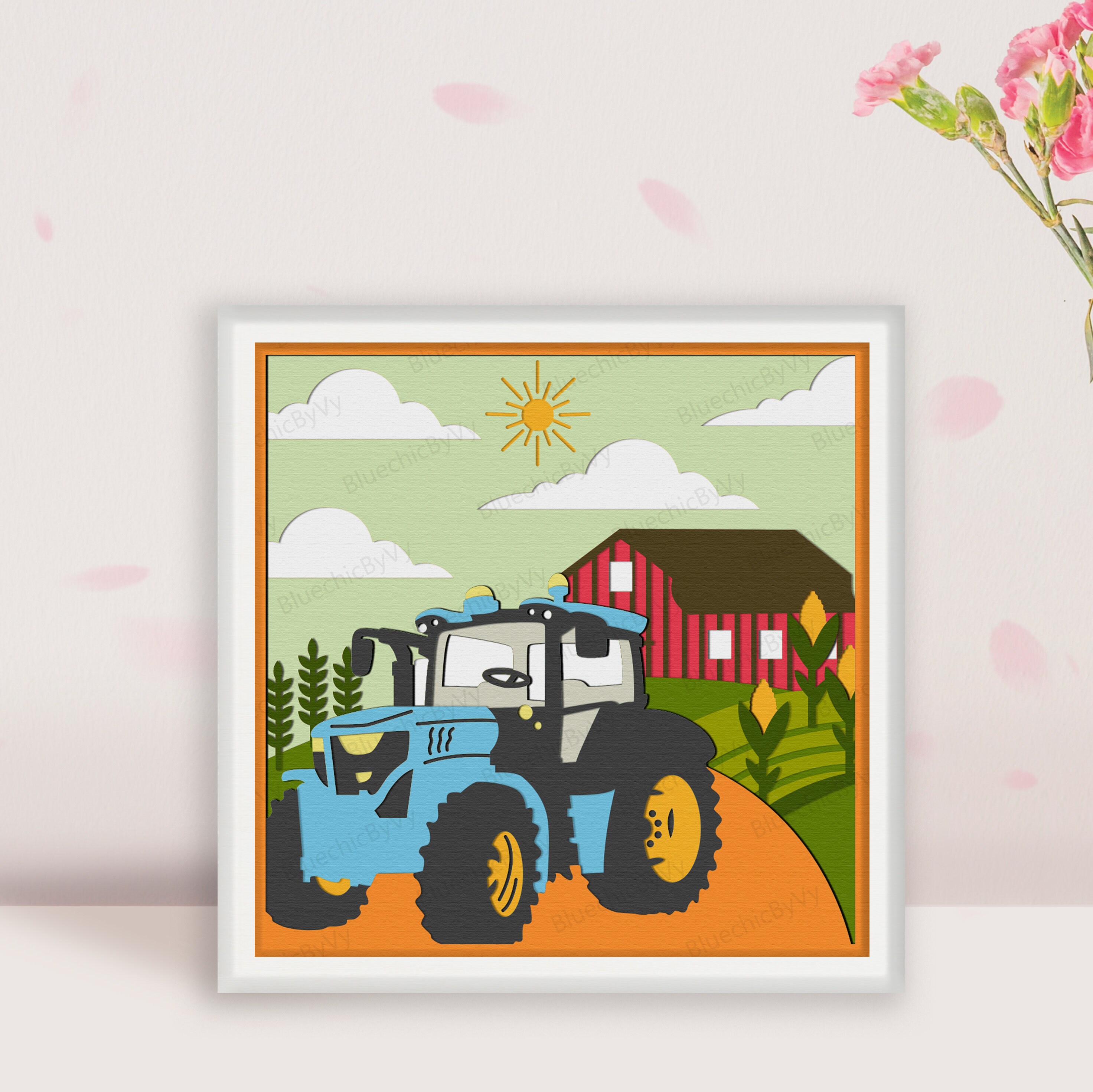 Farm Scene Tractor Shadow Box Svg, Farm Gift, Farm Scene Tractor Light ...