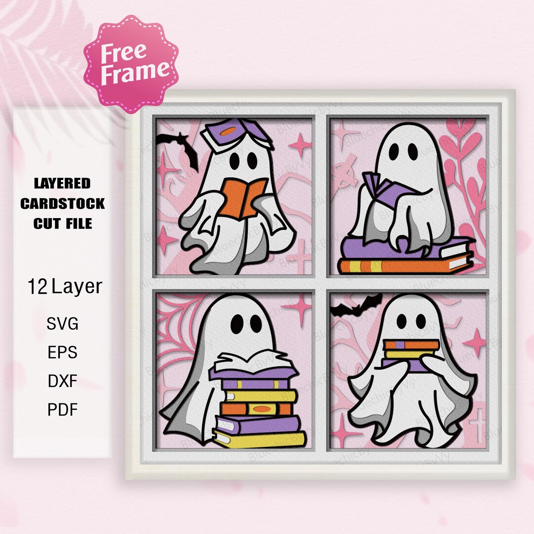Shost Cute Reading Book Shadow Box Svg, Shost 3D Box, Ghosts Reading ...