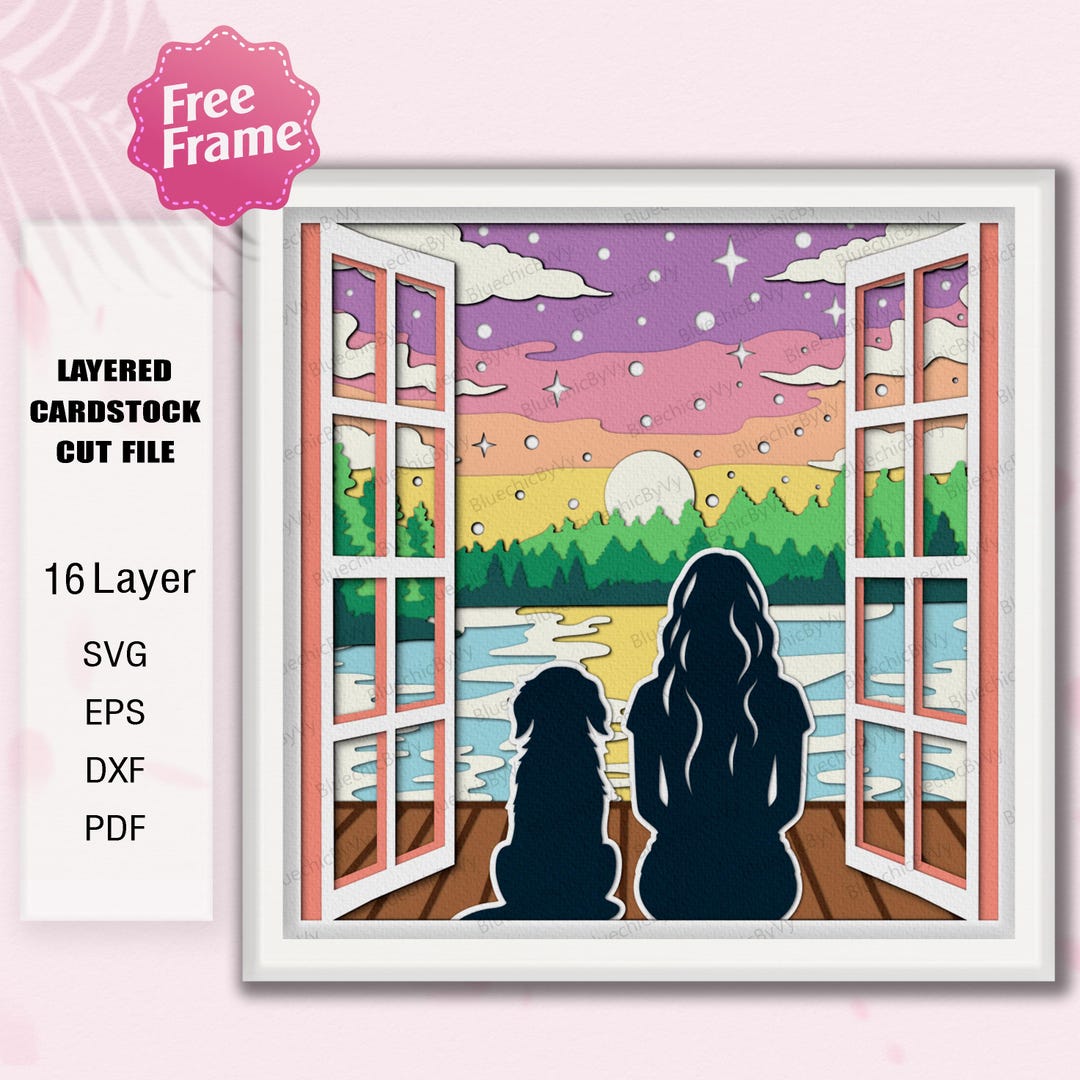 Dog Mom Shadow Box SVG, 3D Sunset Window View Cricut File, Pet Lover ...