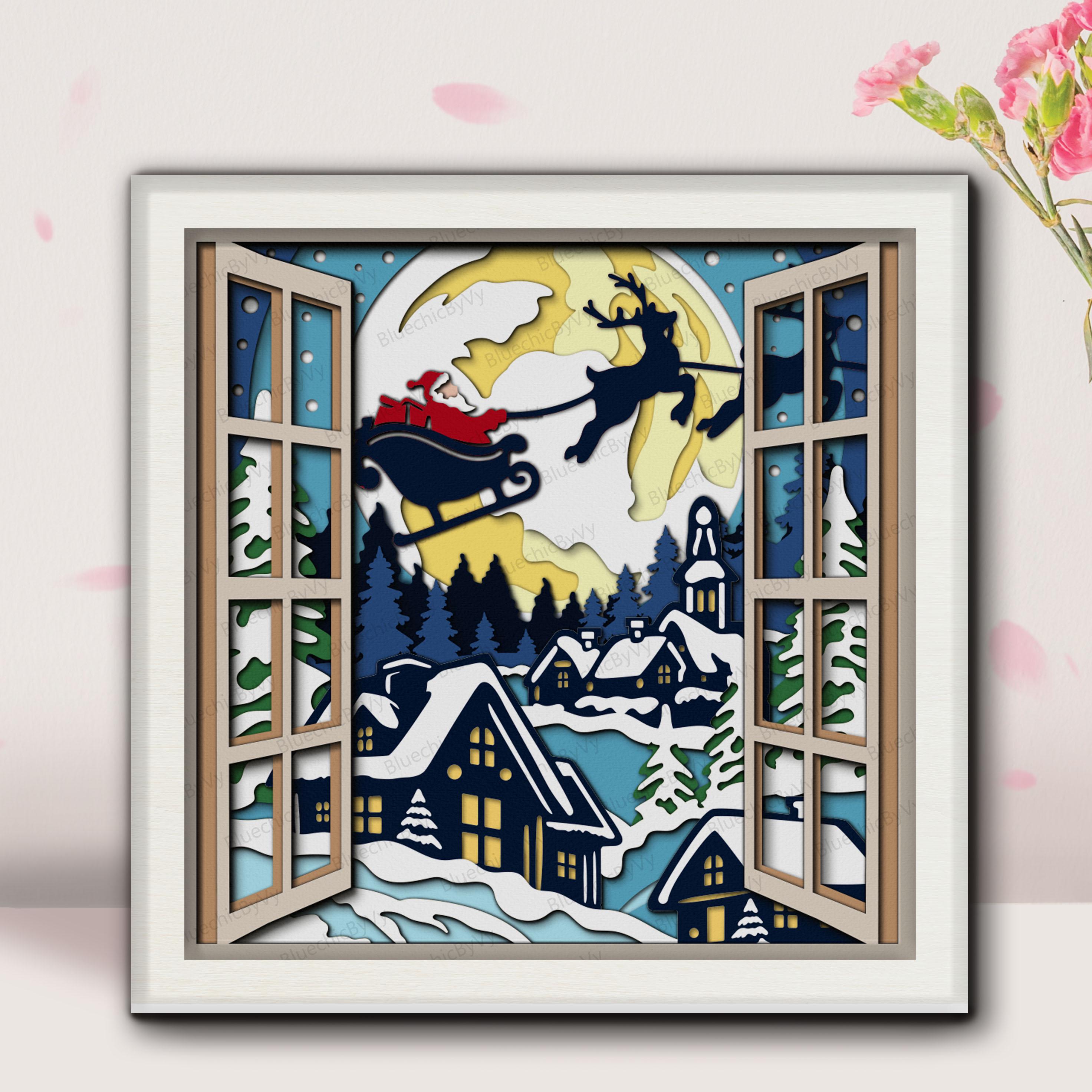 Santa Sleigh Winter Village Shadow Box, Christmas Layered Papercut ...