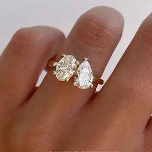 Toi Et Moi Pear and Oval Moissanite Ring, Two Stone Engagement Ring, Wedding Double Stone Ring ...