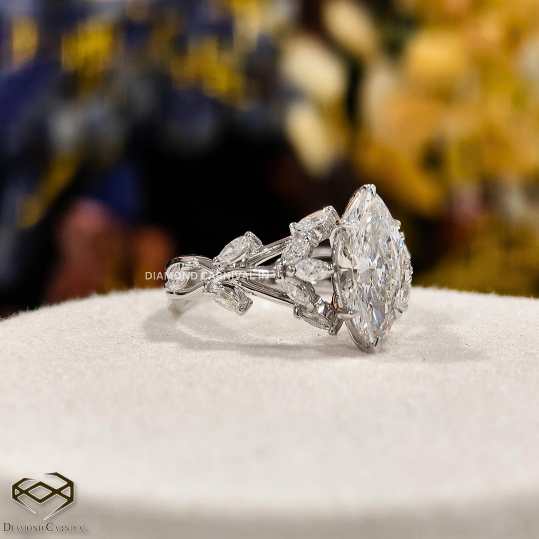 Marquise Cut CVD Diamond Cluster Engagement Ring, Lab Grown Nature ...