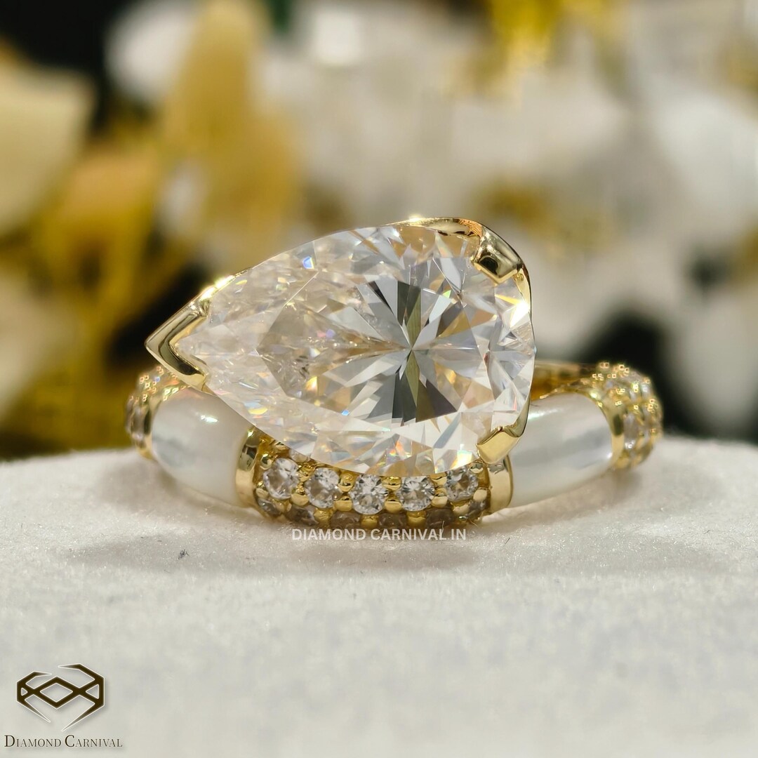 Horizontal Pear Cut Moissanite Classic Wide Shank Wedding Ring Art Deco ...