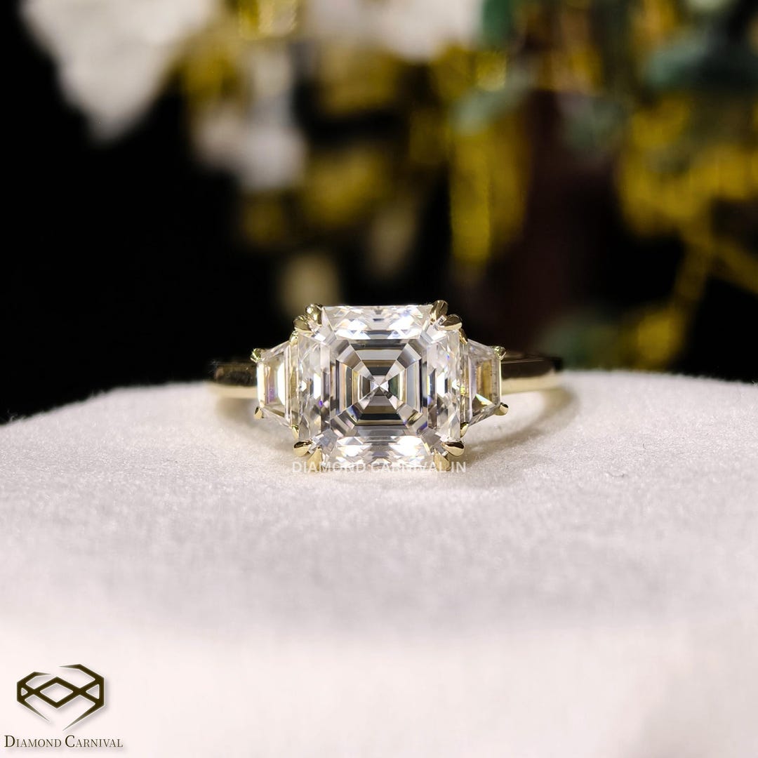 Asscher Cut Moissanite Diamond Ring, Tapper Side Three Stone Wedding ...