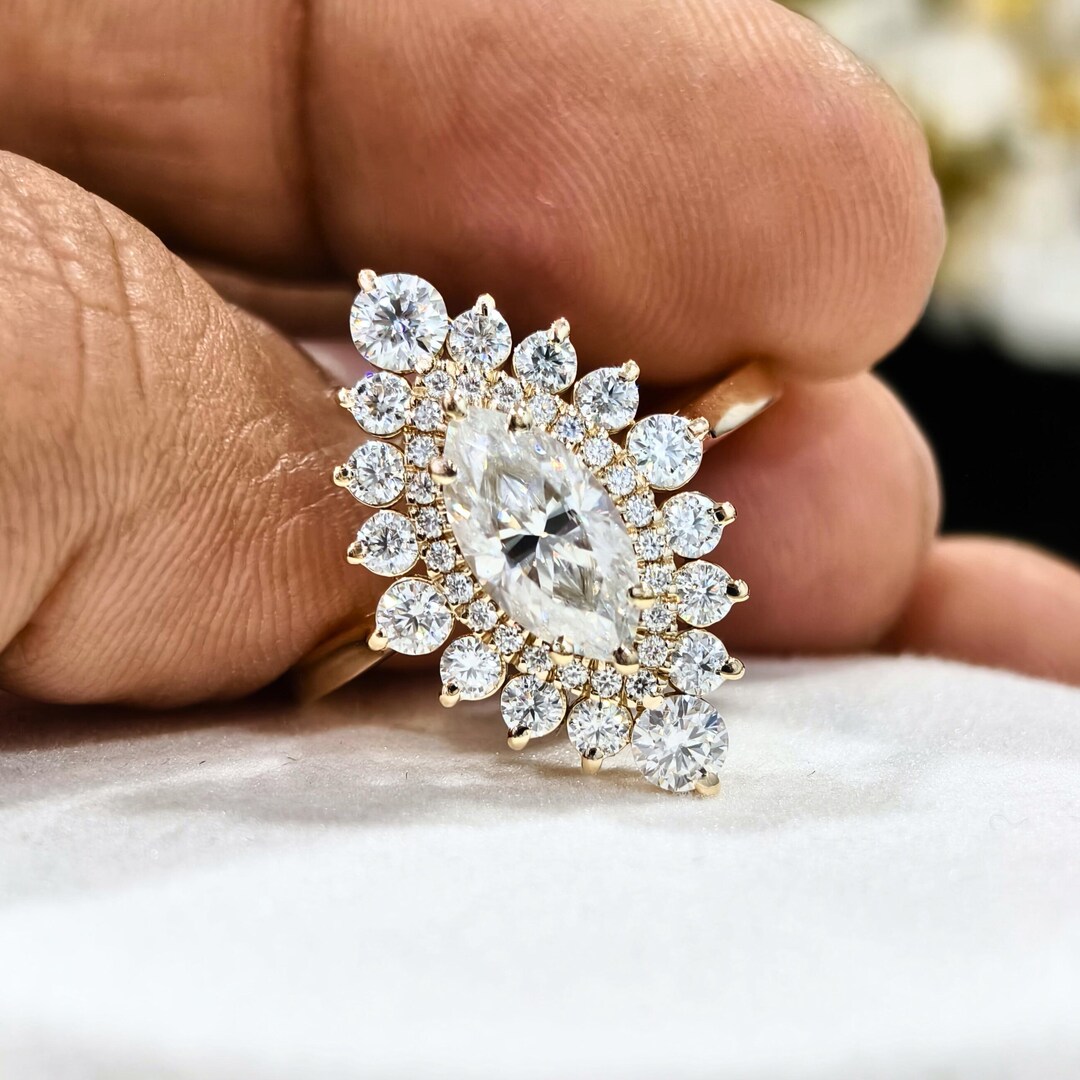 Marquise Cut Moissanite Engagement Ring, Double Halo Diamond Ring ...