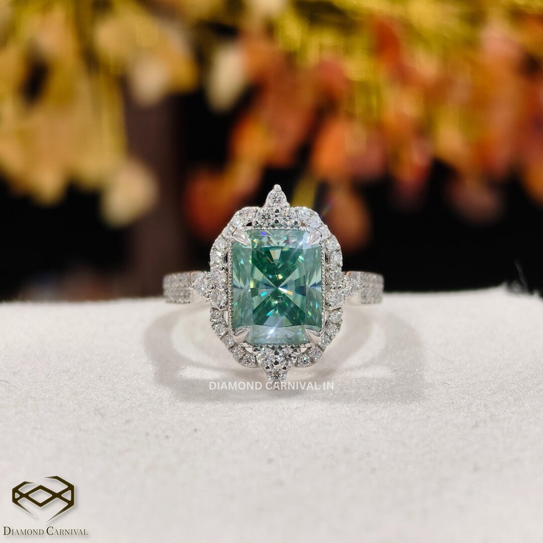 Cyan Blue Moissanite Engagement Ring, Double Pavé Art Deco Milgrain ...
