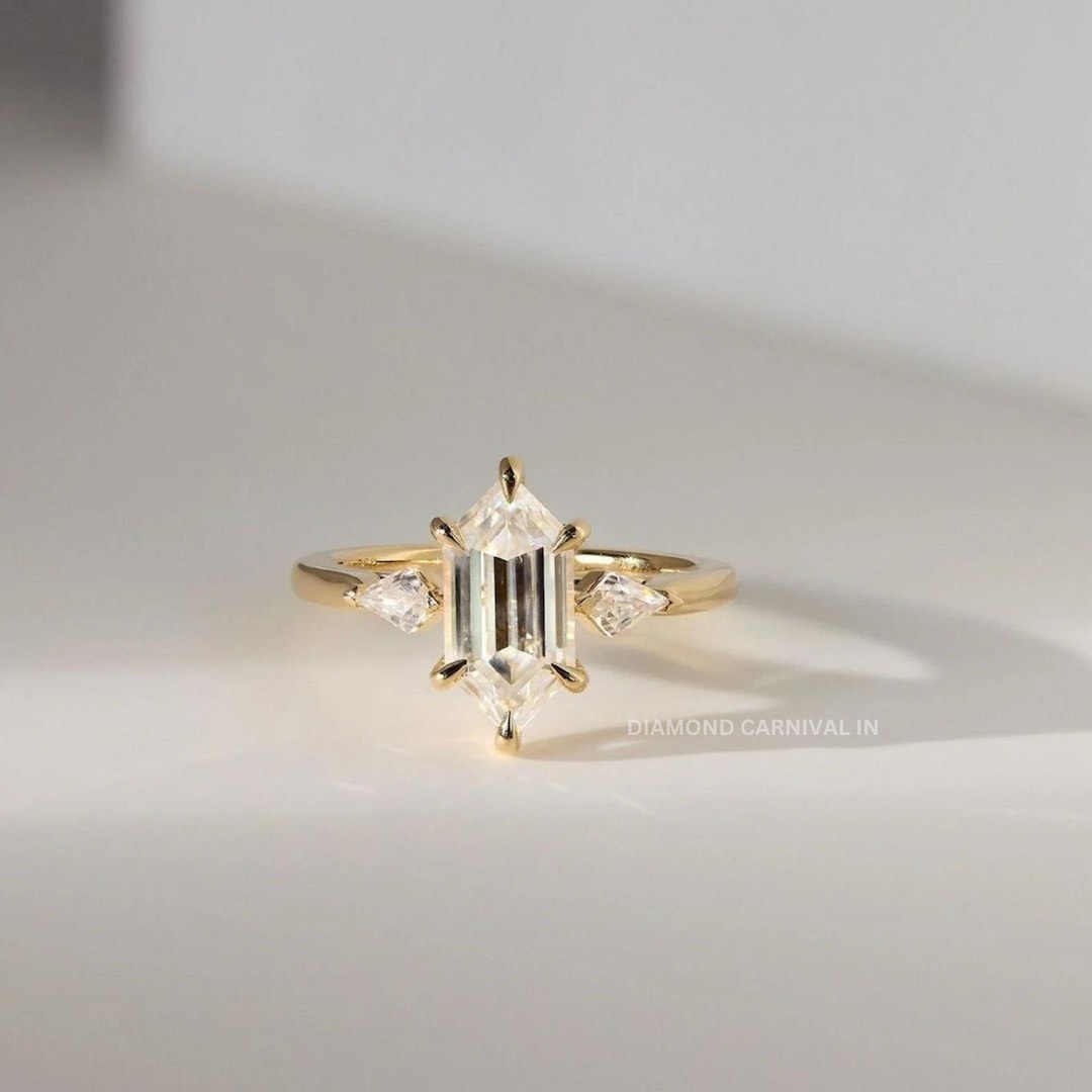 Three Stone Moissanite Ring, Side Cut Moissanite Stone, Dutch Marquise Cut Engagement Ring ...