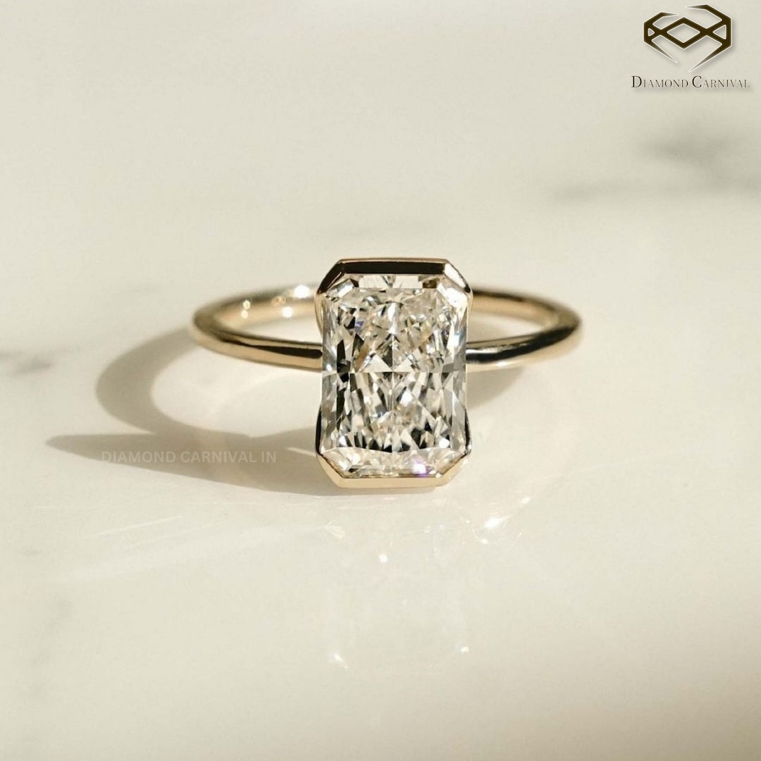 Radiant Cut Half Bezel Setting Diamond Ring, Solitaire Radiant Cut ...
