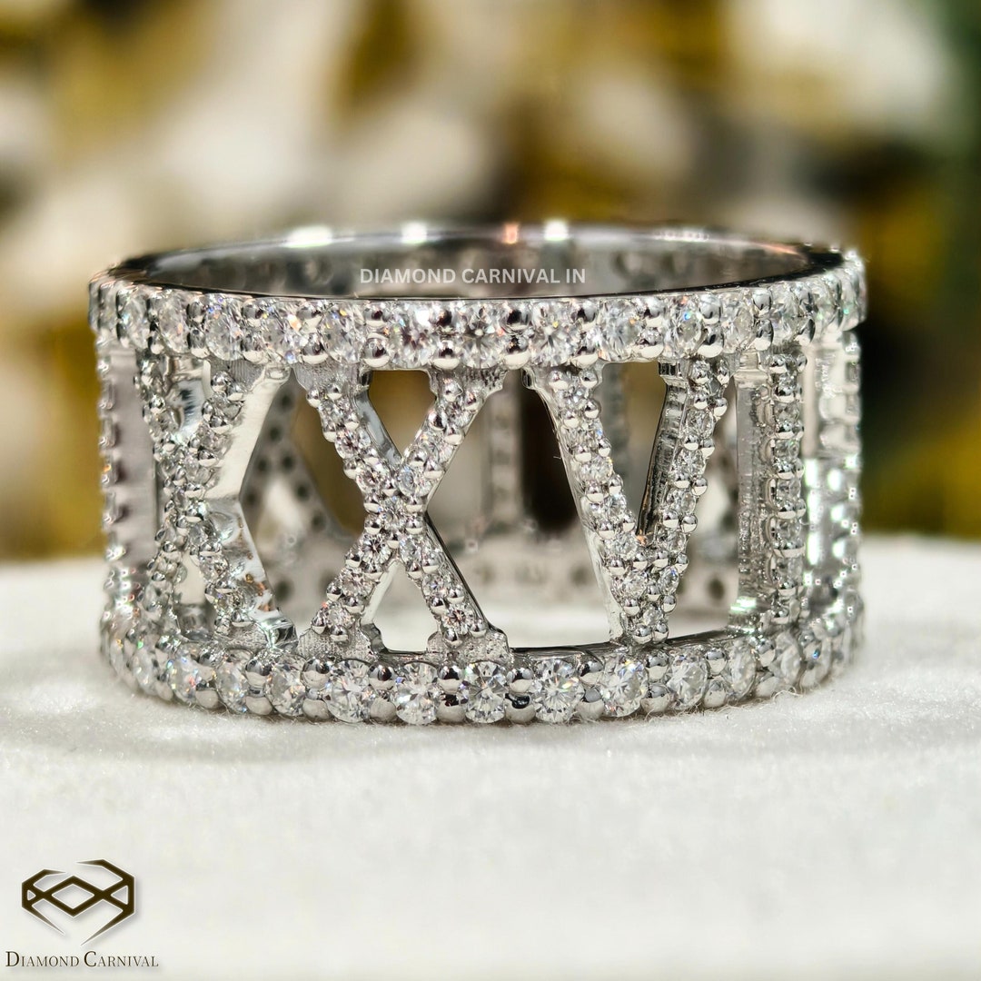 Round Moissanite Diamond Roman Numeral Ring, White Gold Custom Letter ...