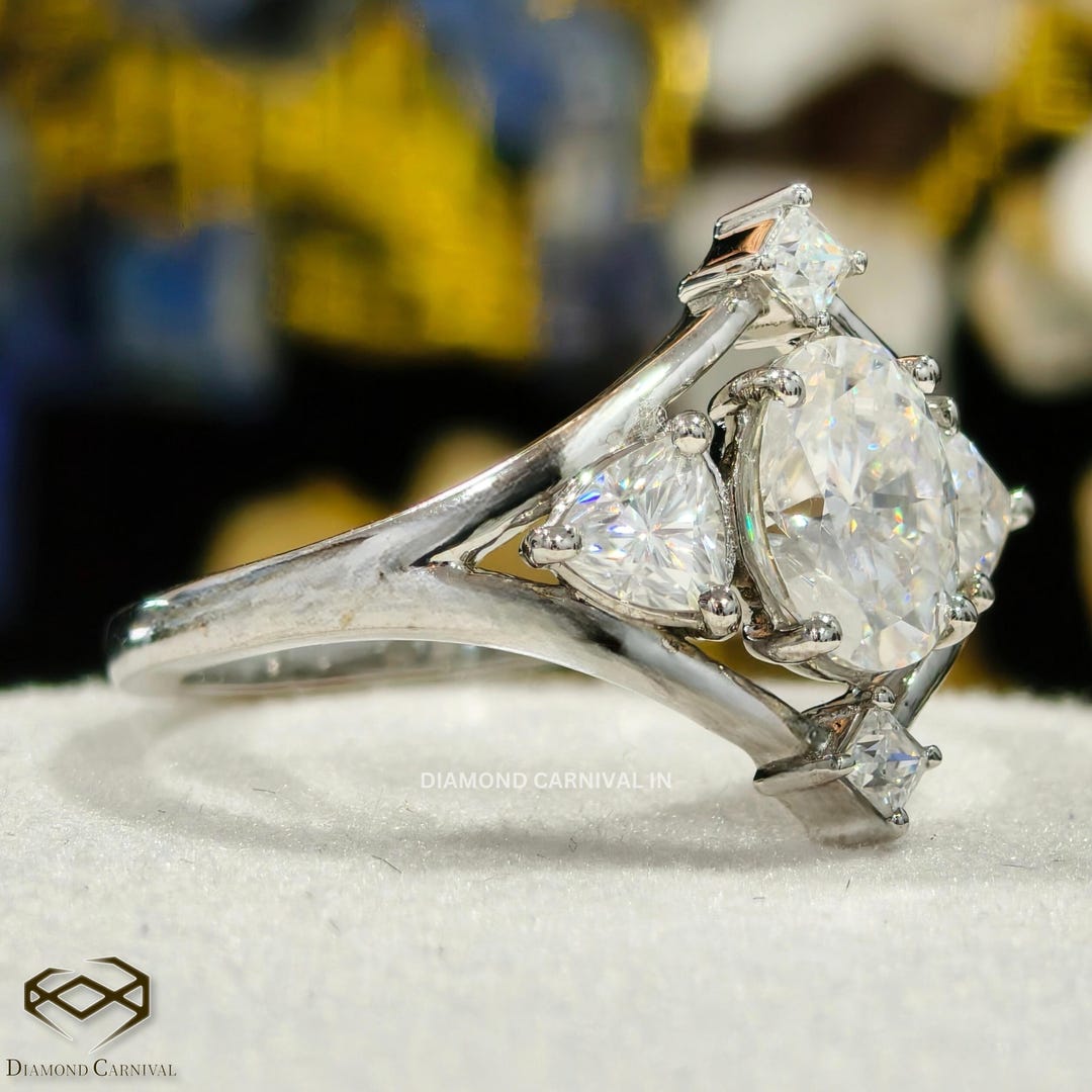 Oval Cut Moissanite Three Stone Anniversary Rings Sided Trilliant Stone ...