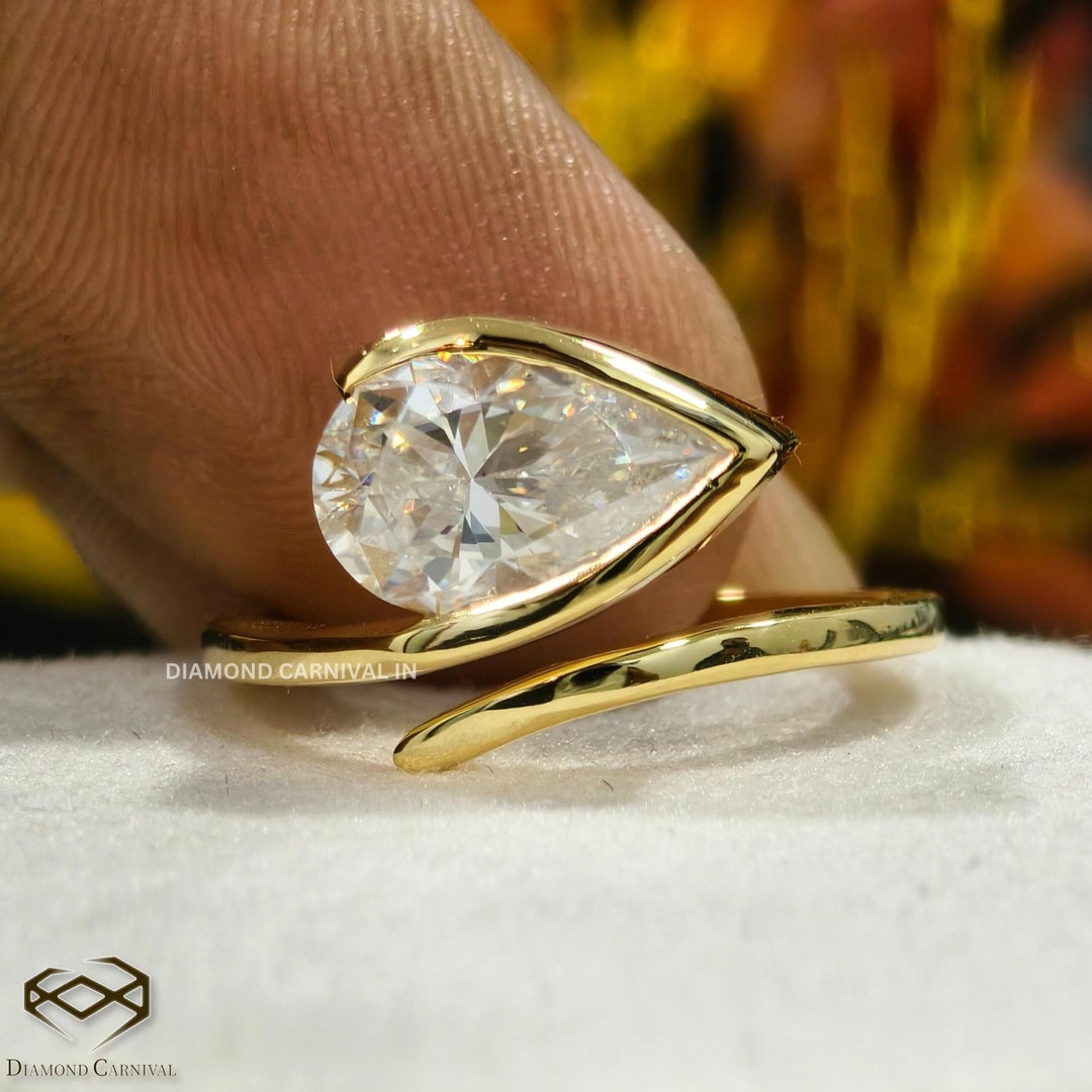 Horizontal Pear Moissanite Ring: 3.00 CT East West Teardrop, Bezel ...