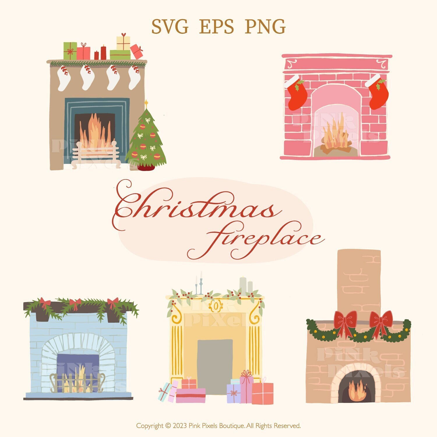 Christmas Fireplace Clipart | Fireplace SVG EPS PNG | Hand Drawn ...