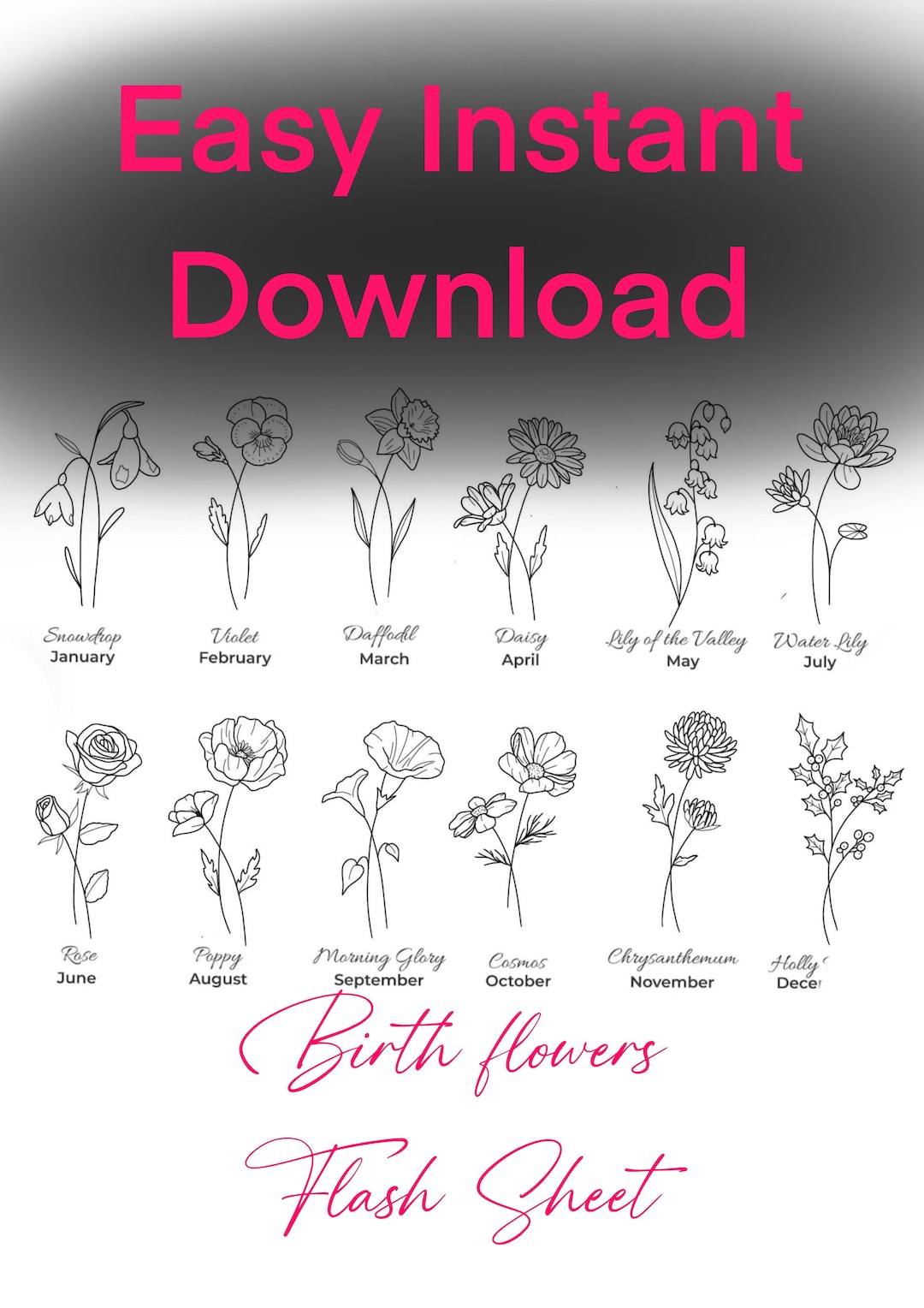 Fine Line Birth Flowers Tattoo Flash Designs - Etsy