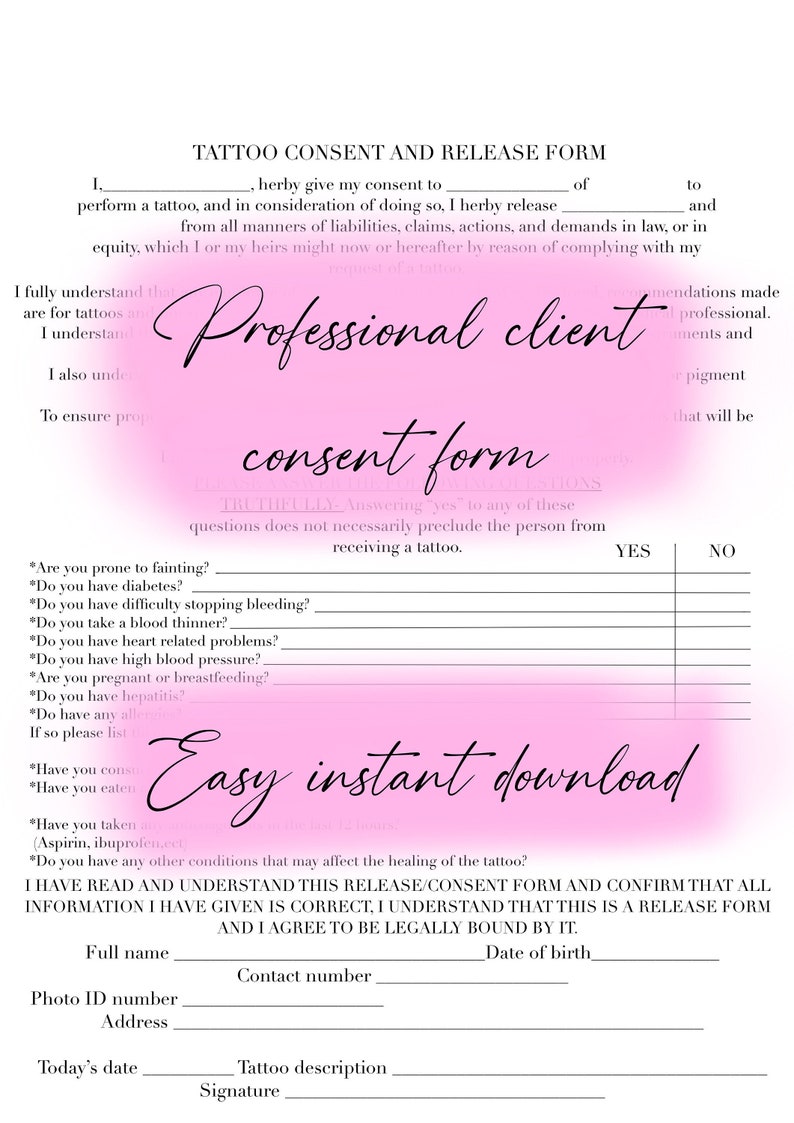 Tattoo Client Consent Form and Waiver - Etsy