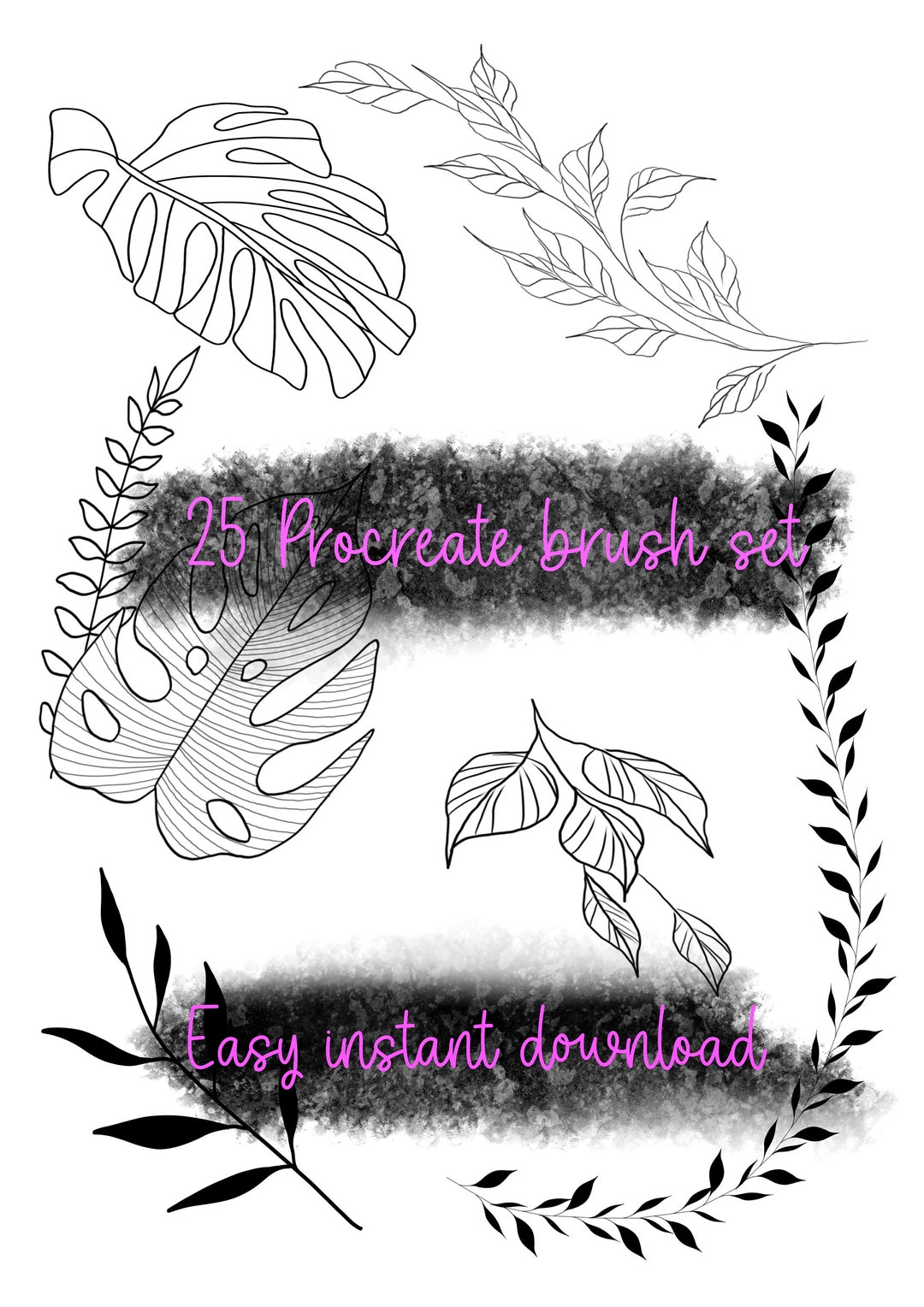 25 Procreate Leaves and Vines Brush and Stamp Set, Hand Drawn Digital ...