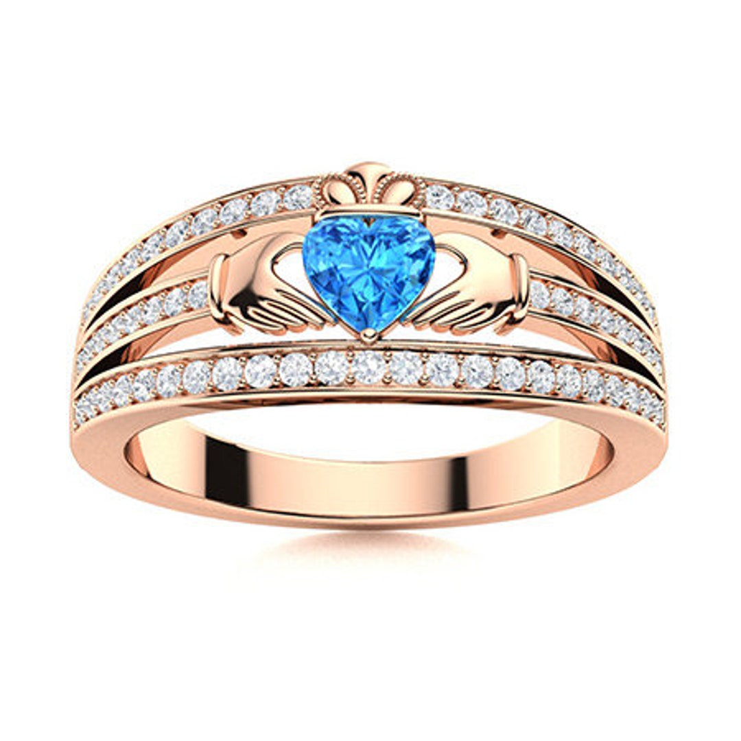 Natural Swiss Blue Topaz Claddagh Engagement Ring for Women Gold Blue ...