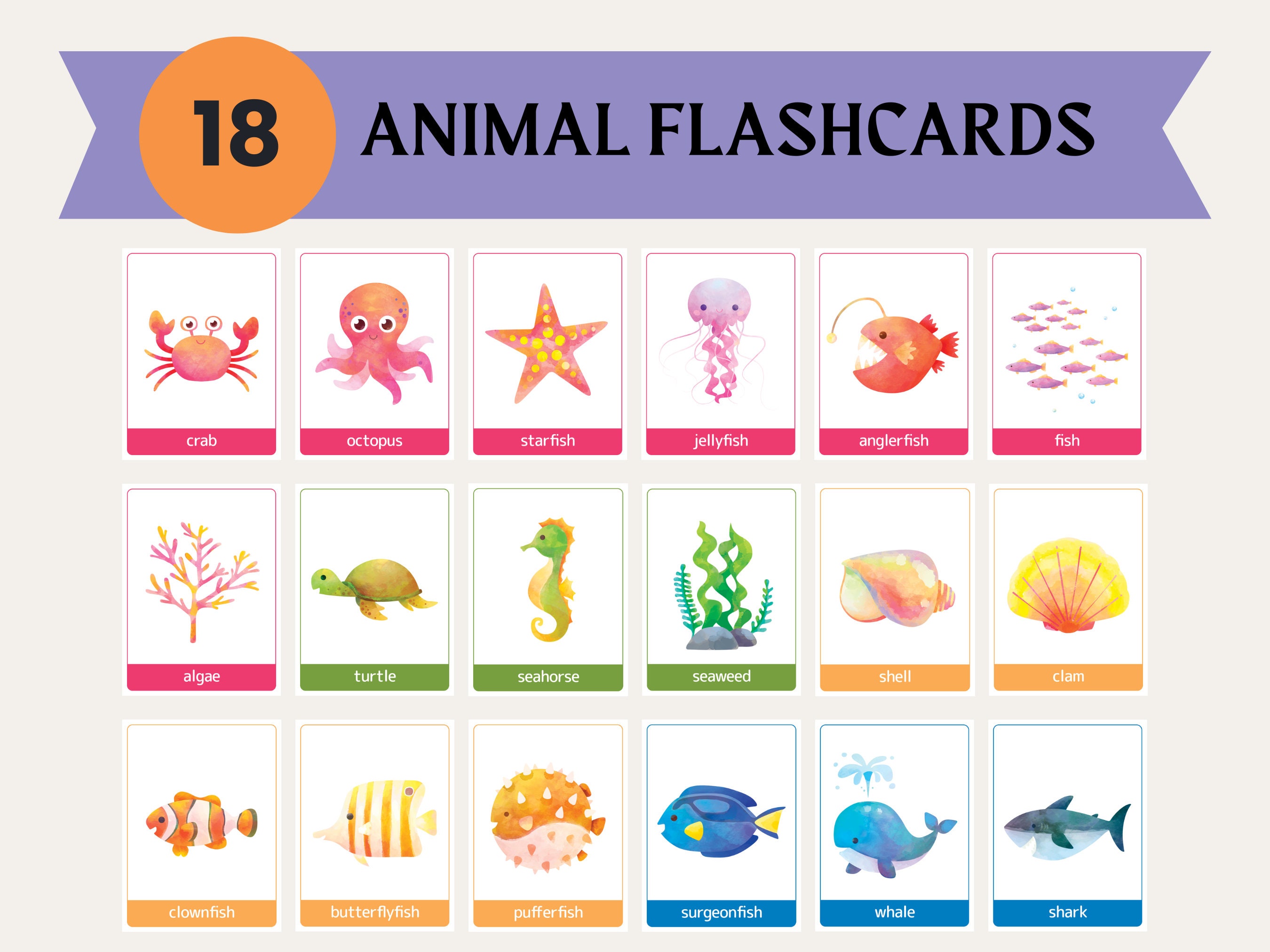 18 Ocean Animal Flashcards, Montessori Materials, Educational Printable ...