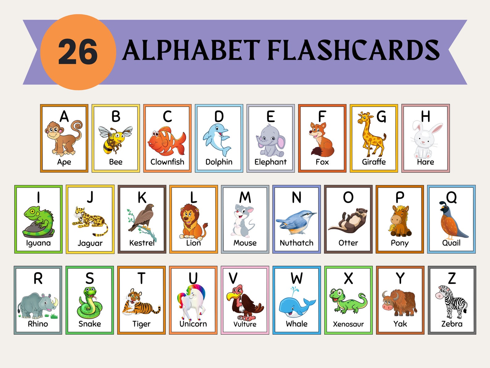 Printable Animal Alphabet Flash Cards, Classroom Decor, Toddlers ...