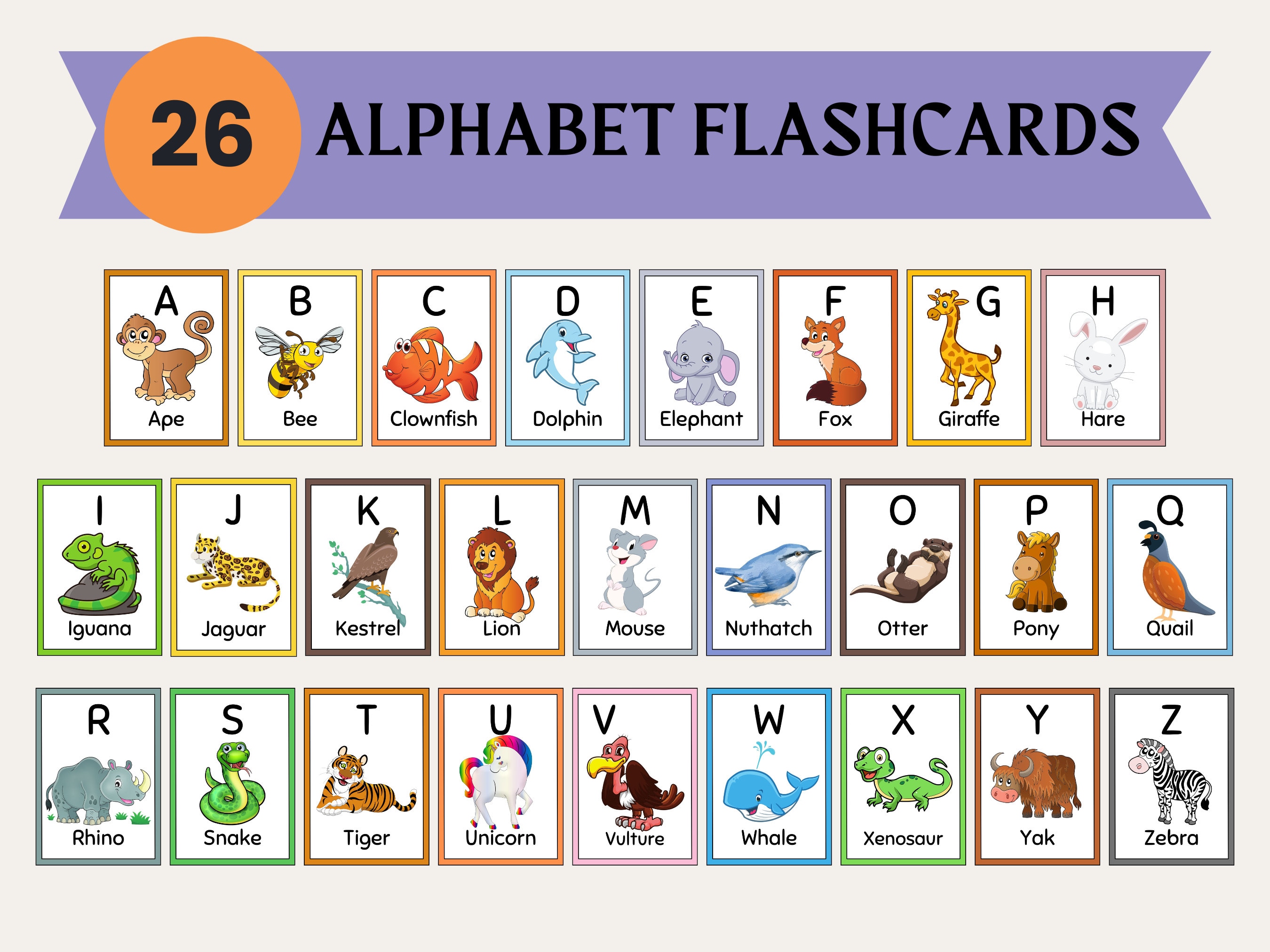 Printable Animal Alphabet Flash Cards, Classroom Decor, Toddlers ...