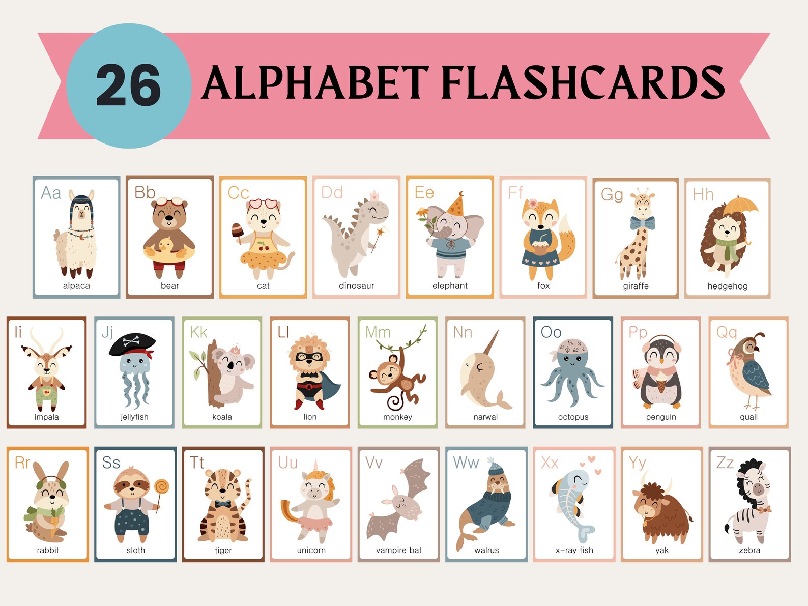 Animal Flash Cards, Alphabet Flash Cards, Nursery Alphabet Print ...