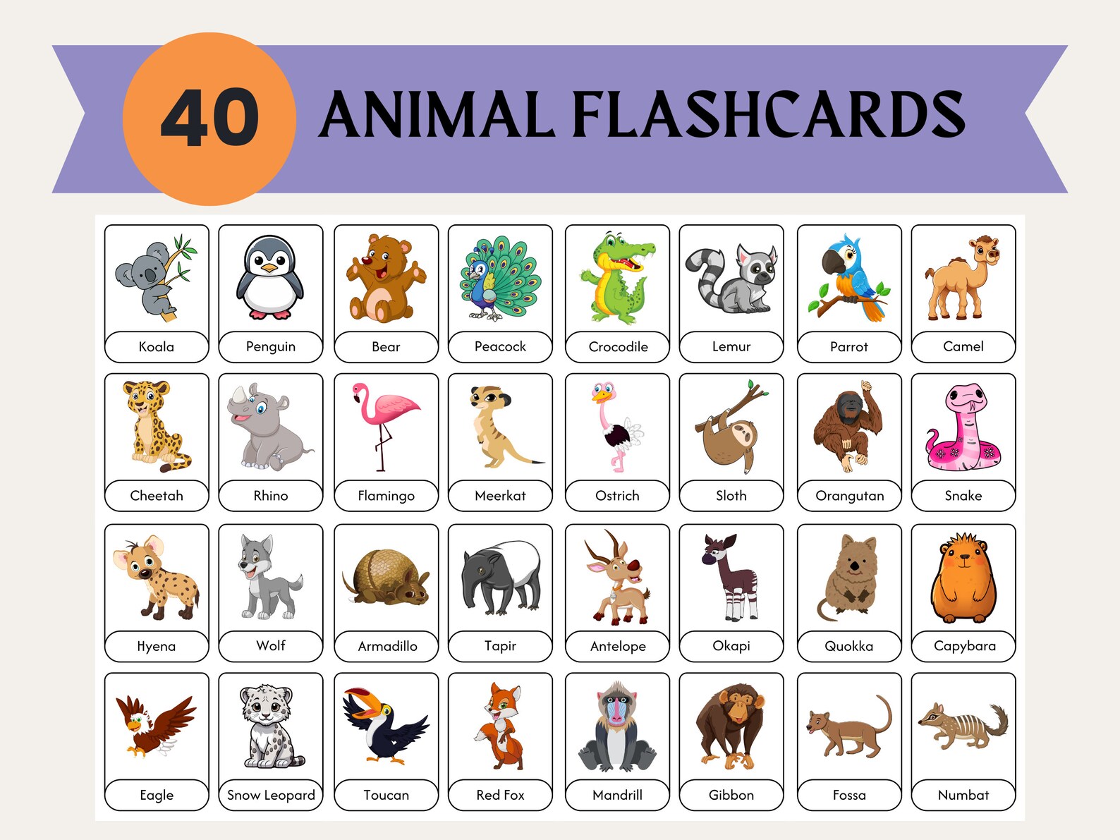 40 Zoo Animal Flashcards, Montessori Materials, Educational Printable ...