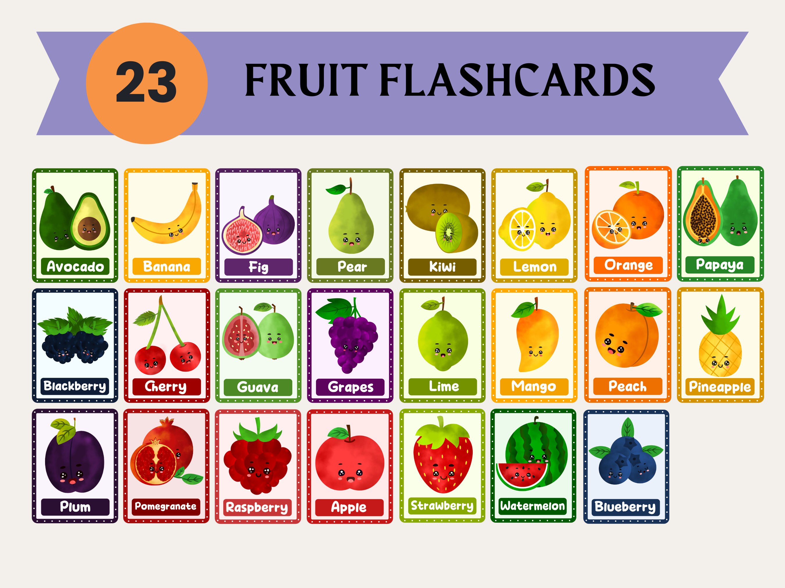 Printable Watercolor Fruits Flashcards, Montessori Flashcards, Pre ...