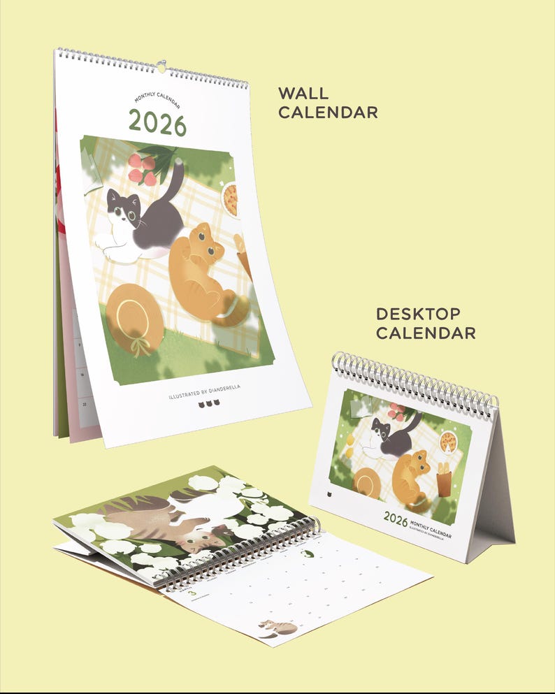2026 Cat Calendar | Wall Calendar A4 Original Illustrated | Cute Kawaii ...