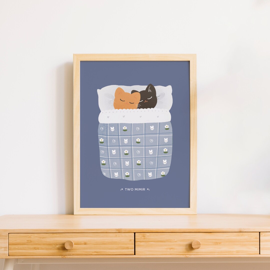 Two Mimir Black & Orange Cat Sleeping Illustration Print Wall Decor ...