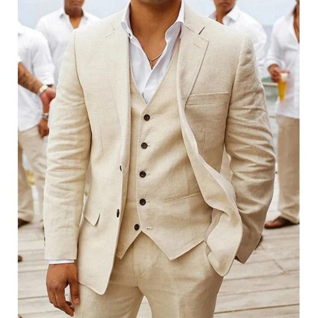 Men's Linen Beige Suits 3 Piece Wedding Suits Stylish Party Wear ...