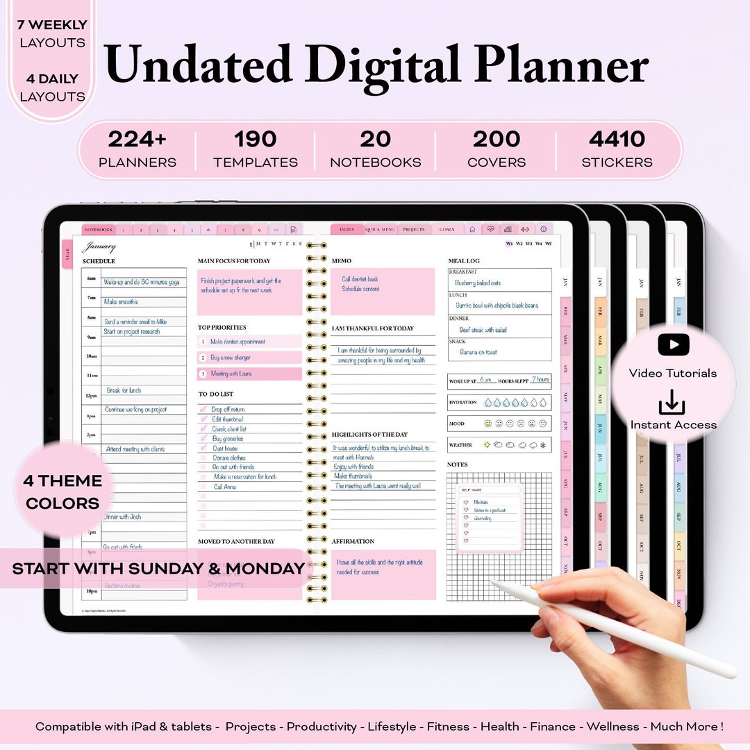 Undated Digital Planner, Pink Digital Journal, Goodnotes Planner, iPad ...