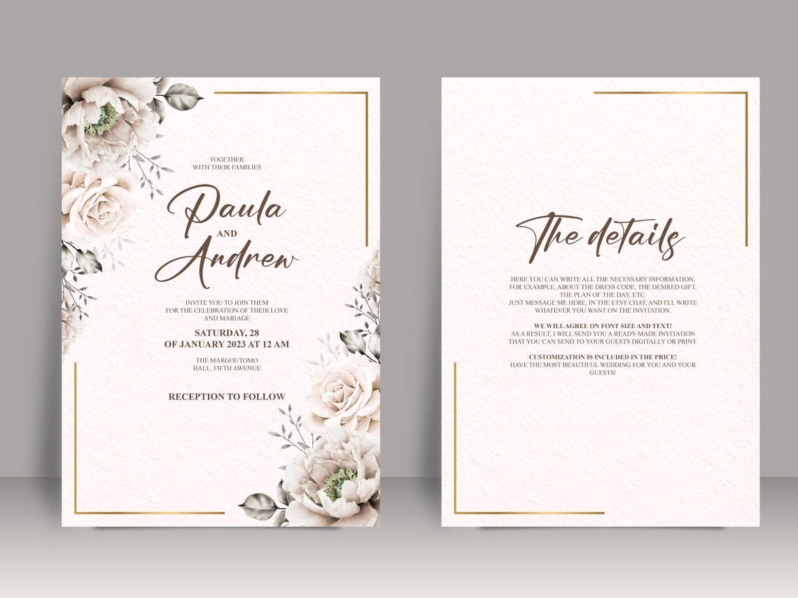 White Rose Wedding Invitation, Wedding Invitation Template, Printable ...