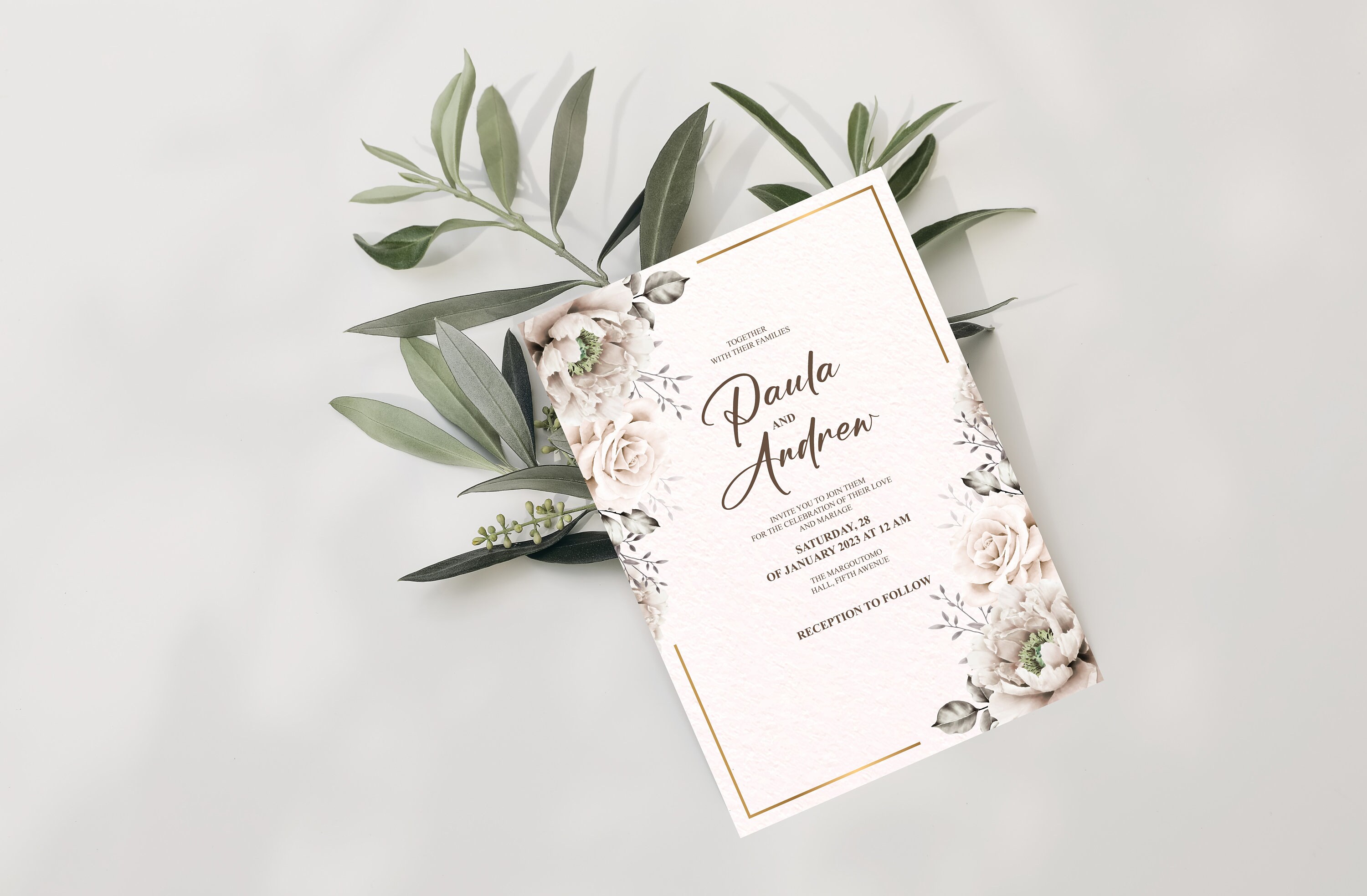 White Rose Wedding Invitation, Wedding Invitation Template, Printable ...
