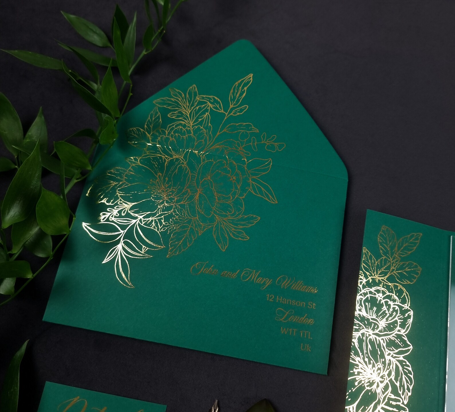 Acrylic Wedding Invitation Green and Gold, Foiled Wedding Invitation ...