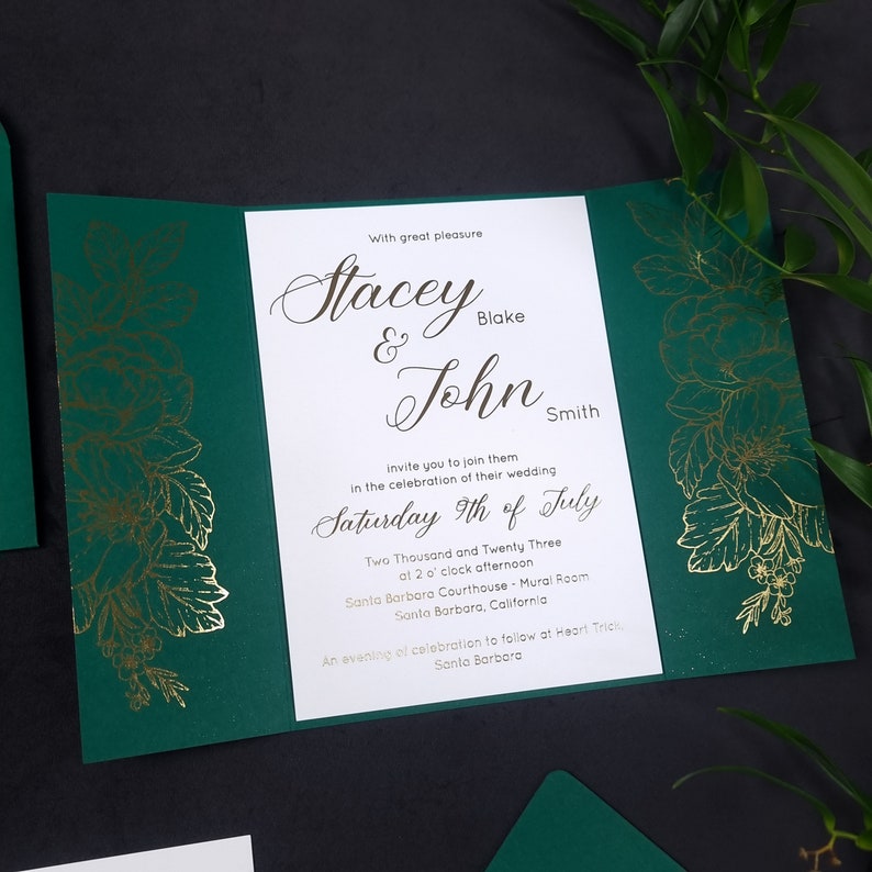 Wedding Invitation Green and Gold Foiled Wedding Invitation - Etsy