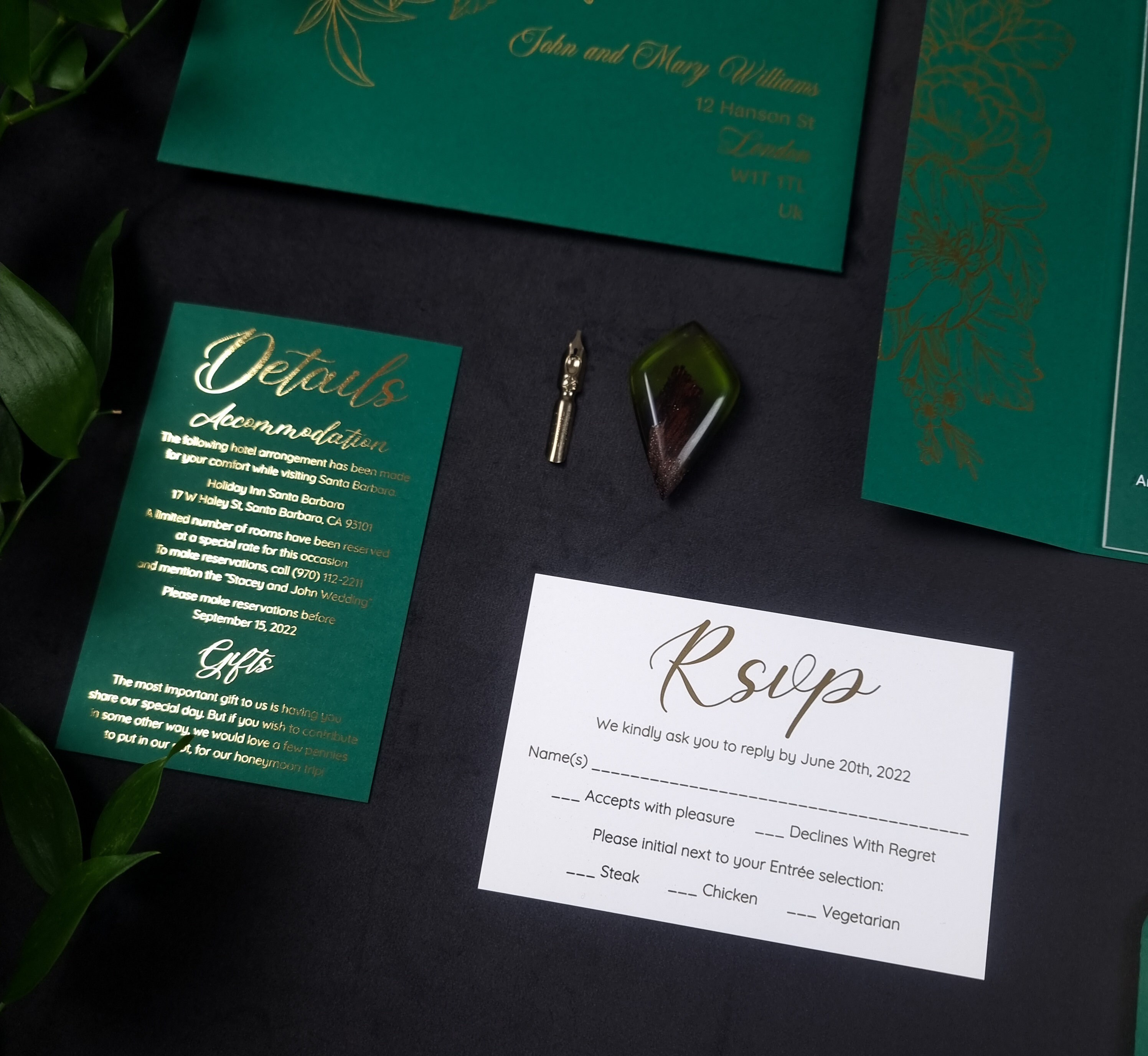 Acrylic Wedding Invitation Green and Gold, Foiled Wedding Invitation ...