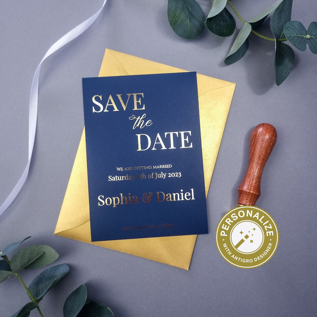 Navy Blue Save the Dates, Unique Wedding Save the Date, Gold or Silver ...