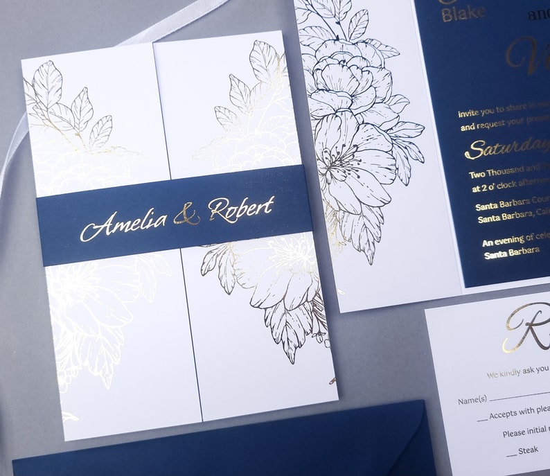 Navy Blue Wedding Invitation Suite Wedding Invitation Foiled - Etsy
