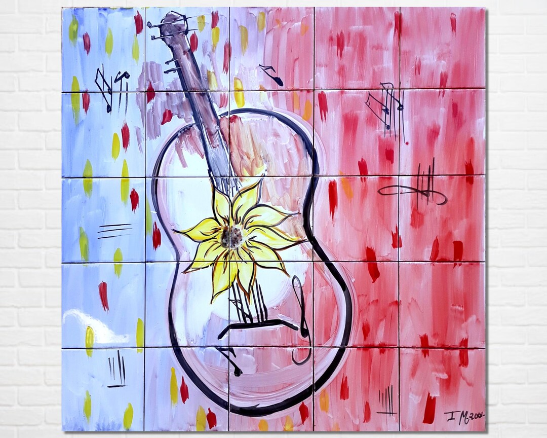 Hand-painted Guitar Ceramic Tile Mural: Musical Backsplash Art (30x30in ...